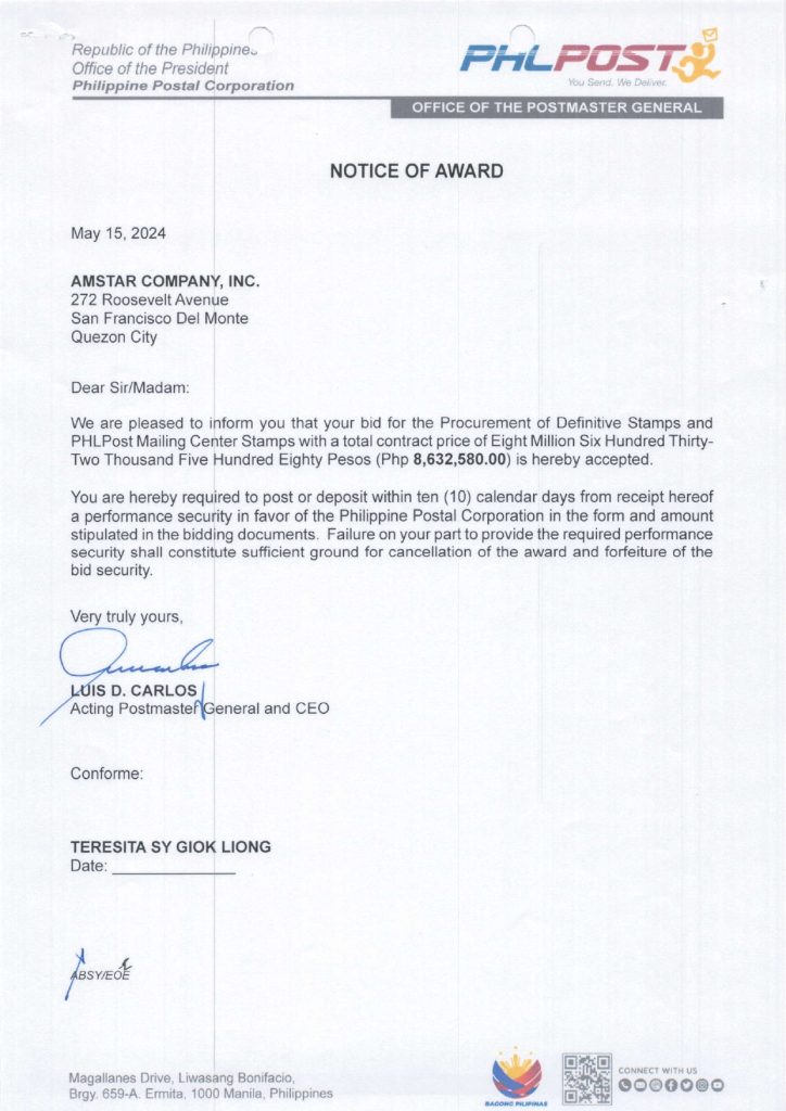 Notice of Award – Procurement of Definitive Stamps and PHLPost Mailing ... Notice of Award – Procurement of Definitive Stamps and PHLPost Mailing ...