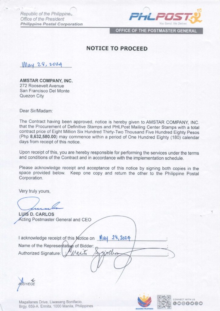 Notice to Proceed – Procurement of Definitive Stamps and PHLPost ... Notice to Proceed – Procurement of Definitive Stamps and PHLPost ...